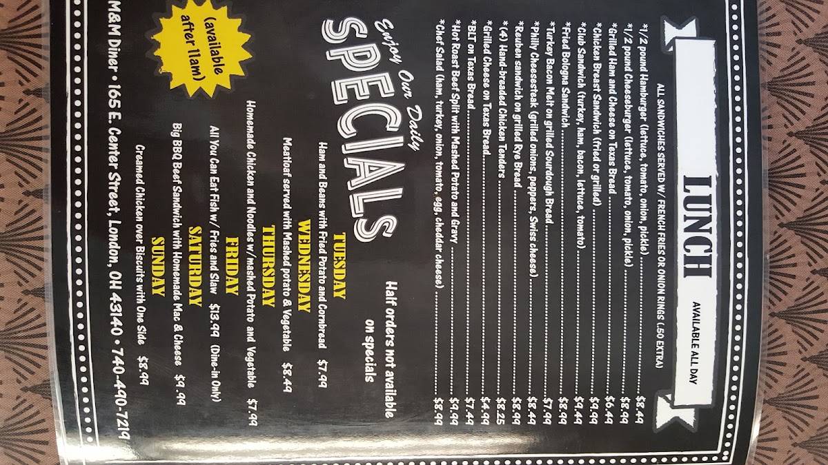 Menu at M&M Diner restaurant, London