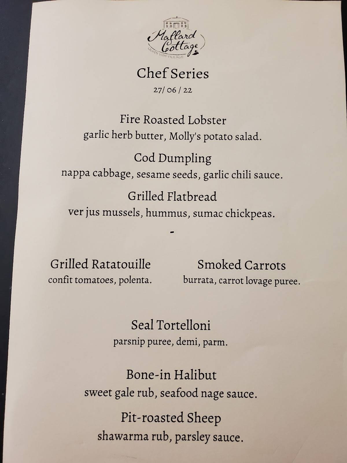 Menu at Mallard Cottage restaurant, St. John's