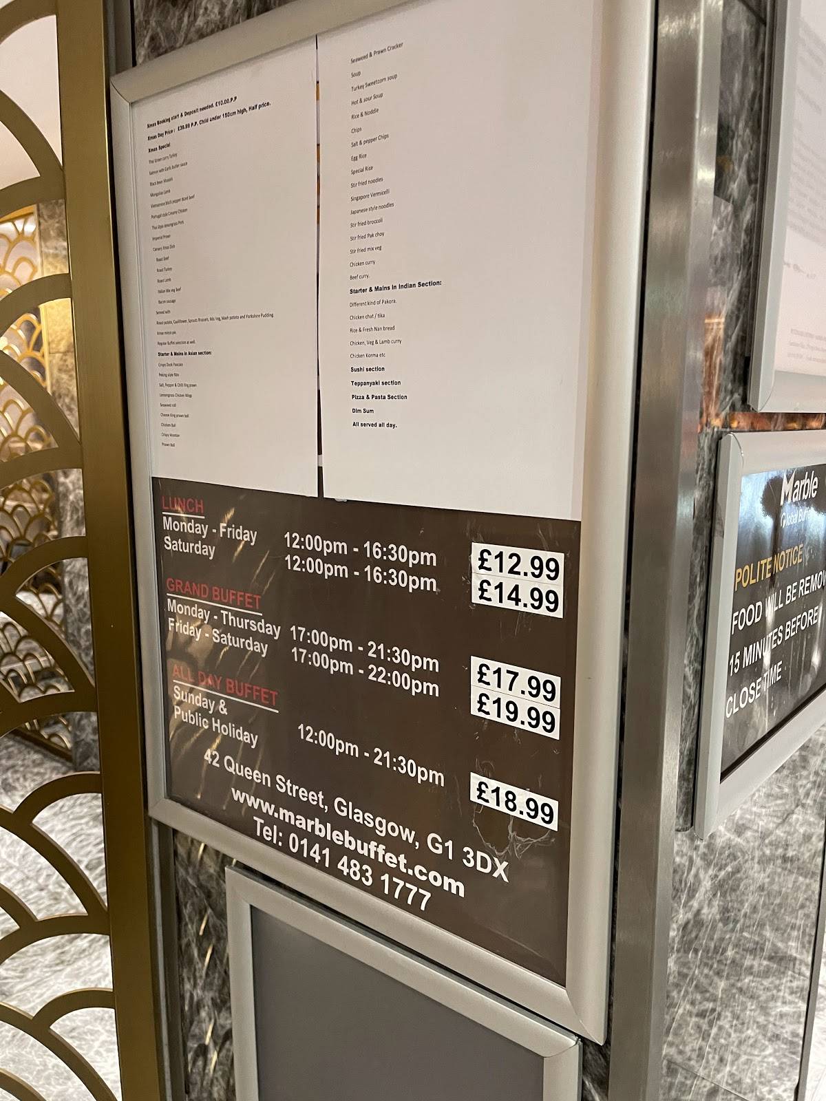Menu at Marble Global Buffet restaurant, Glasgow