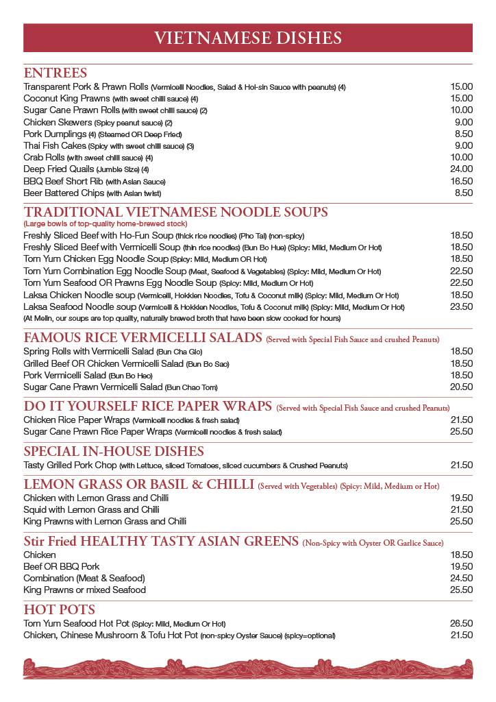 Menu at Melin Vietnamese & Chinese Restaurant, Capalaba