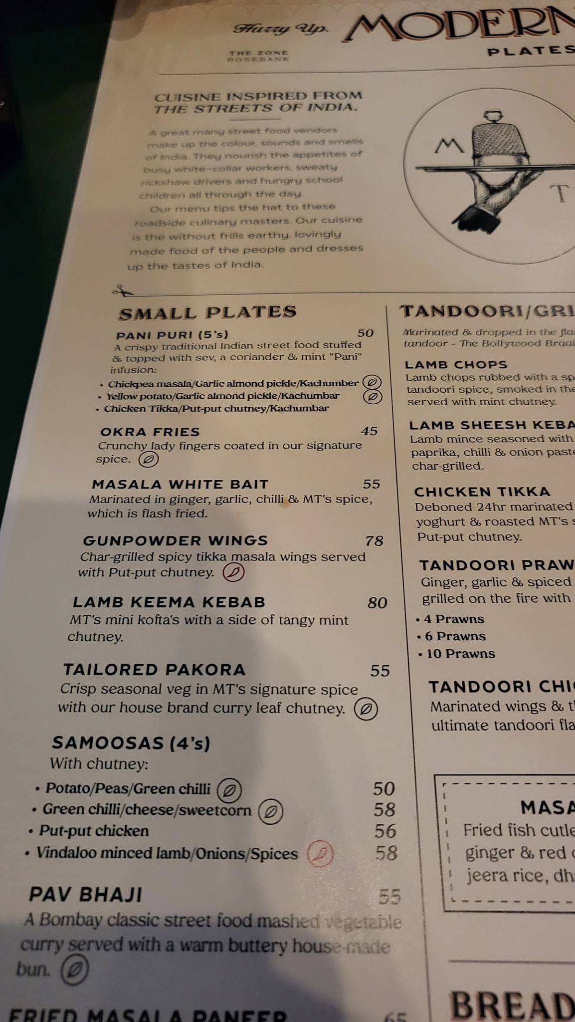 Menu at Modern Tailors restaurant, Johannesburg