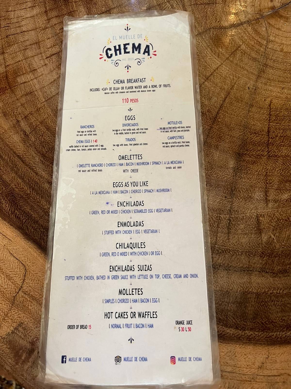 Menu at Muelle de Chema restaurant, Playa del Carmen
