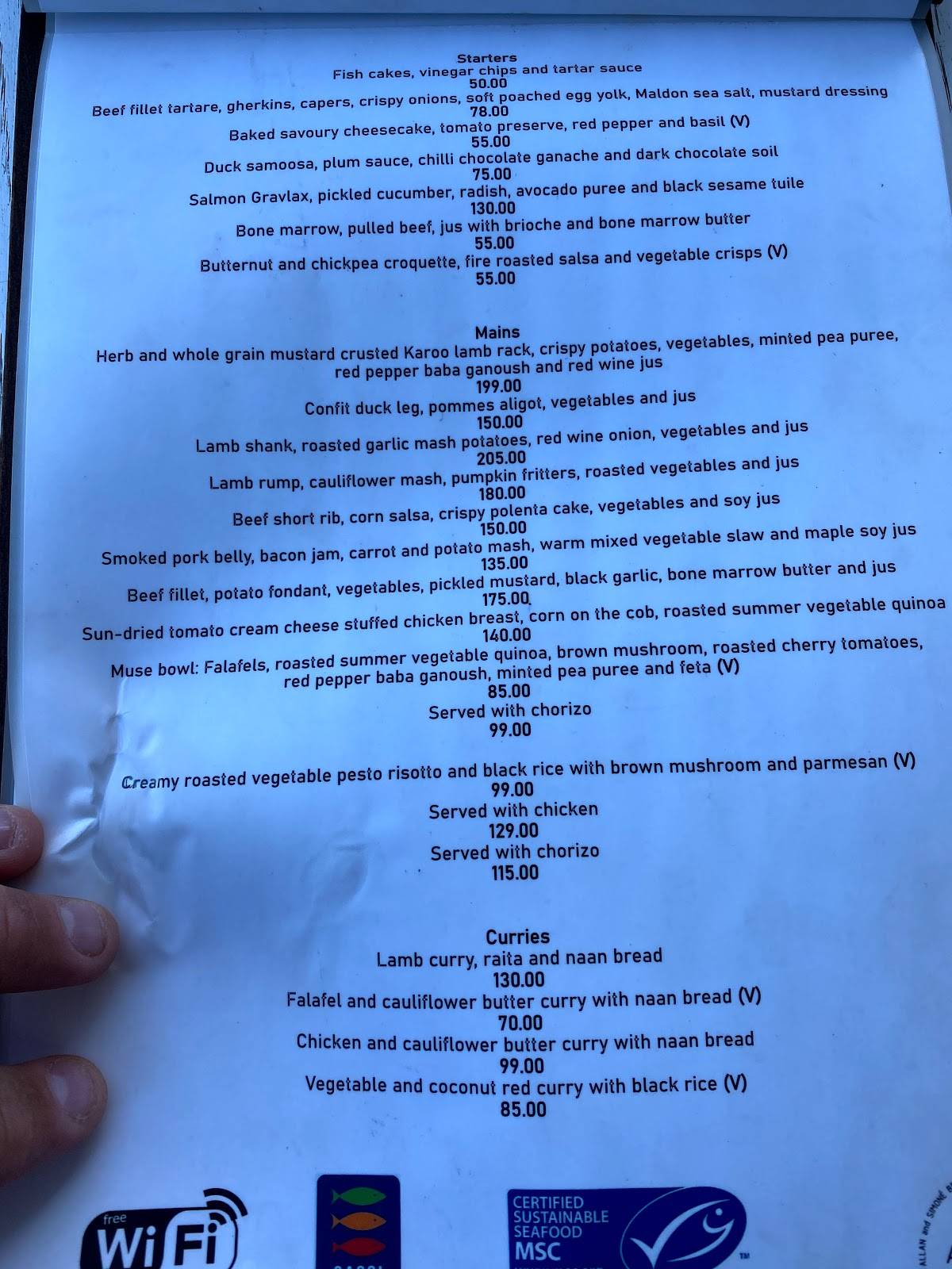 Menu at Muse Restaurant, South Africa