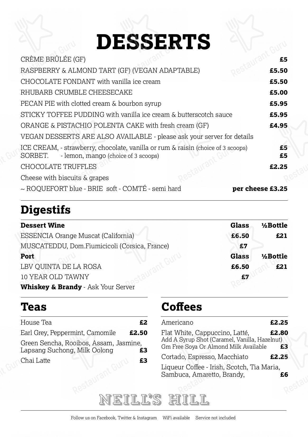 Menu at Neill's Hill Brasserie restaurant, Belfast