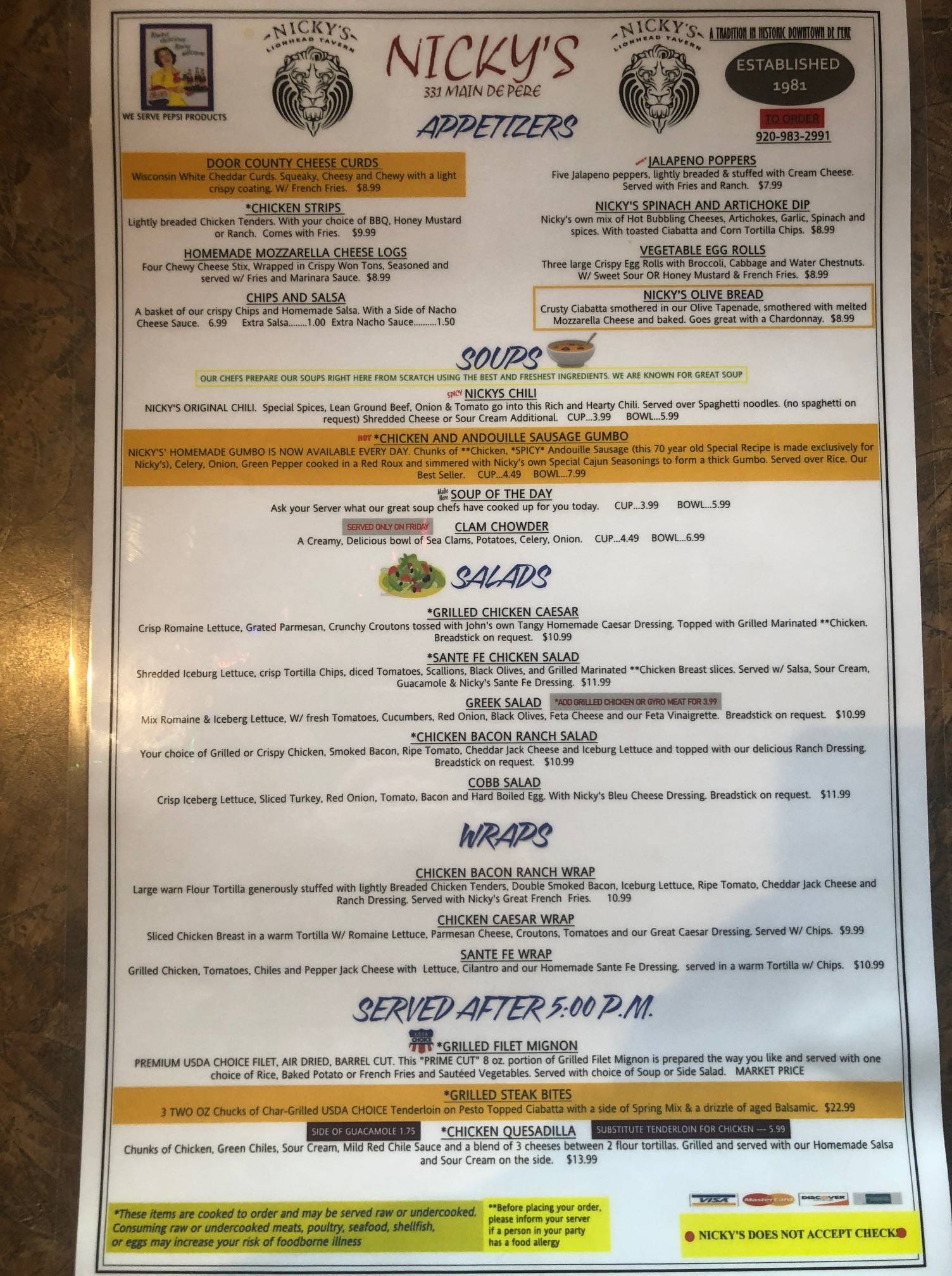 Menu at Nicky's Lionhead Restaurant, De Pere