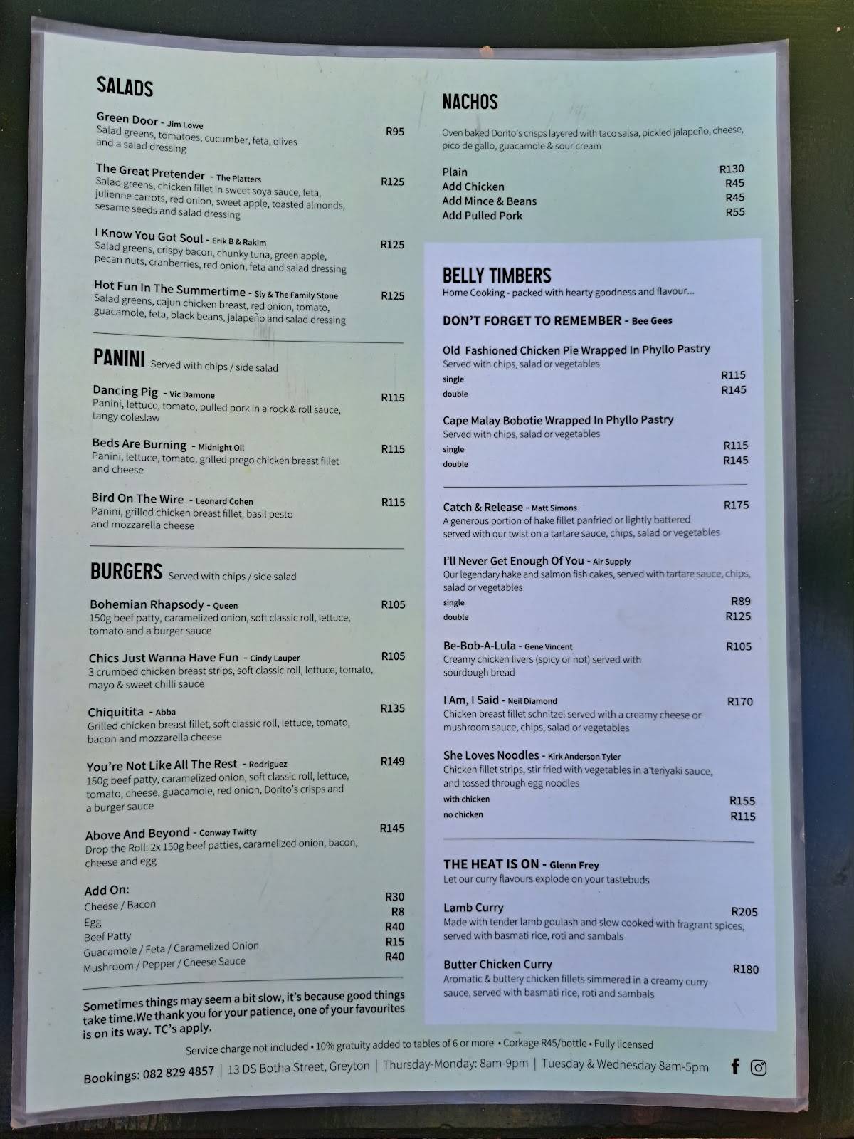 Menu at Oak & Vigne Cafe, Greyton
