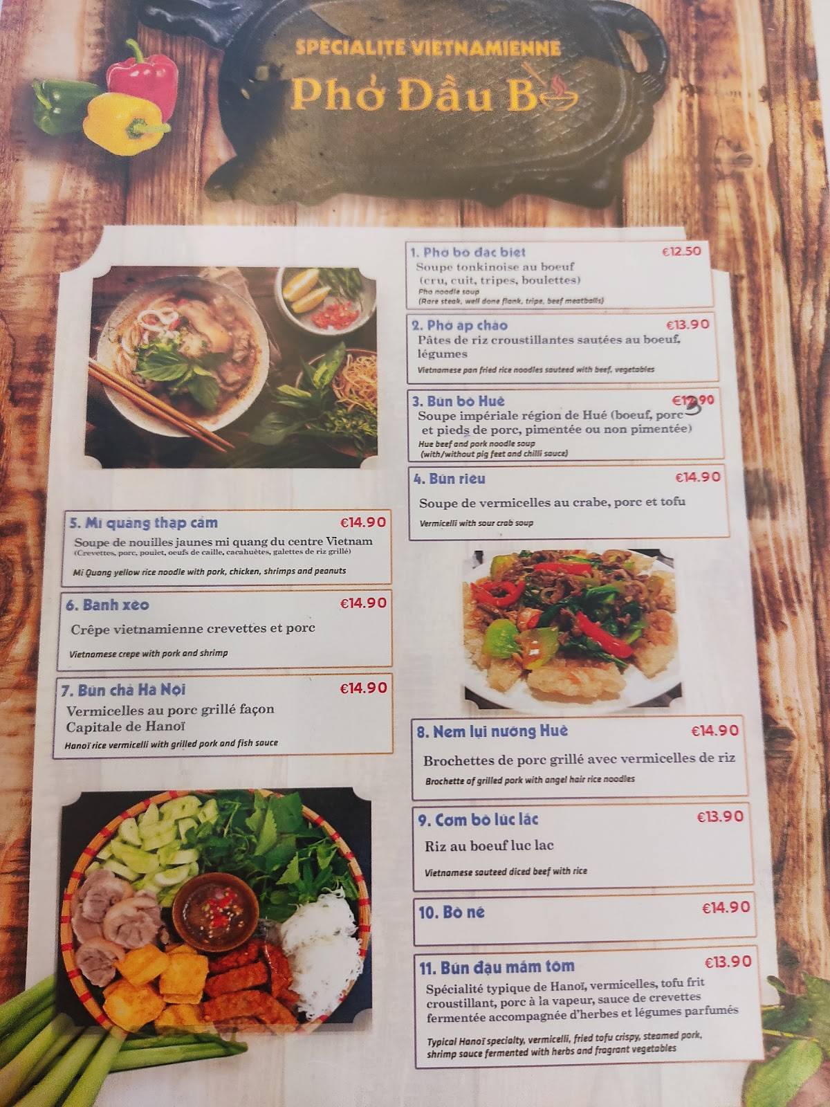 Menu au PHO DAU BO restaurant, Paris