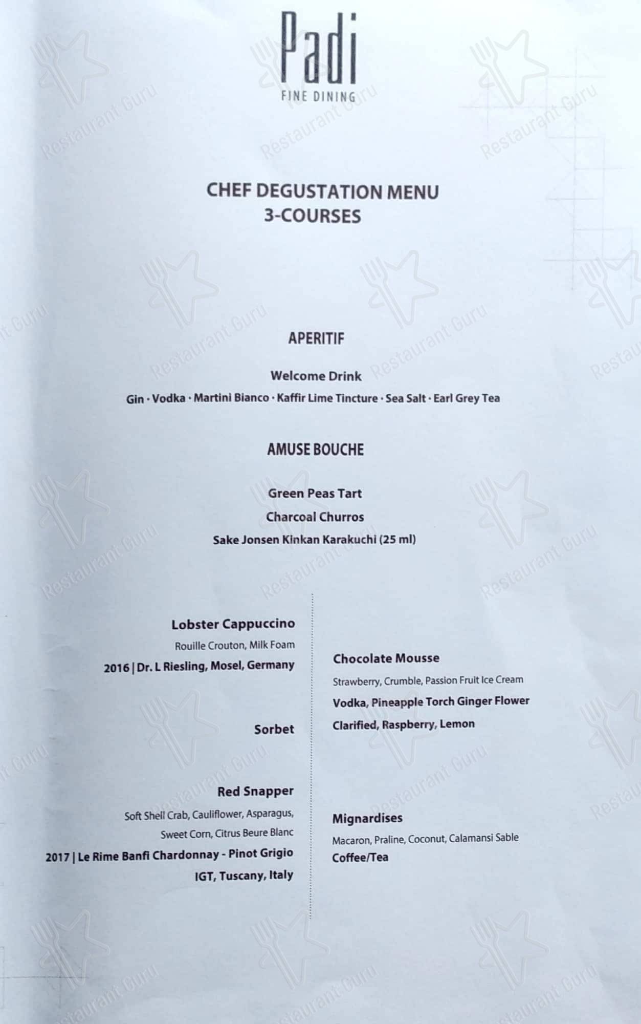 Menu at Padi Fine Dining restaurant, Ubud, Padi Fine Dining