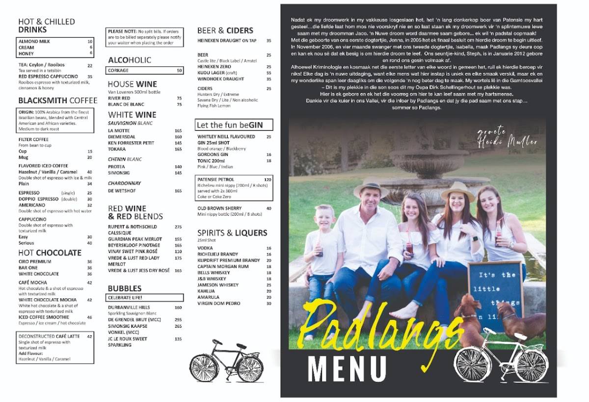 Menu at Padlangs Country Restaurant - Patensie, South Africa