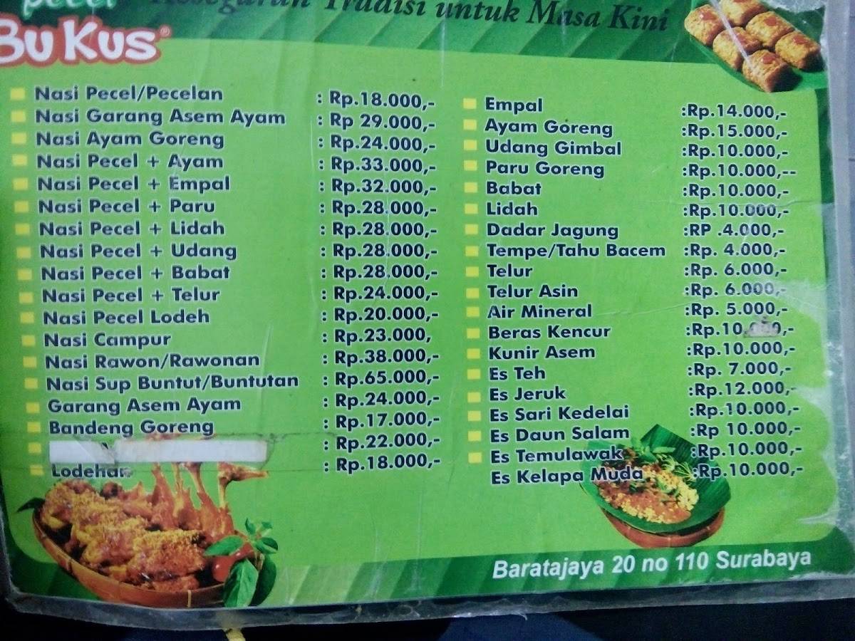 Menu at Pecel Bu Kus restaurant, Surabaya, Jl. Barata Jaya XX No.110