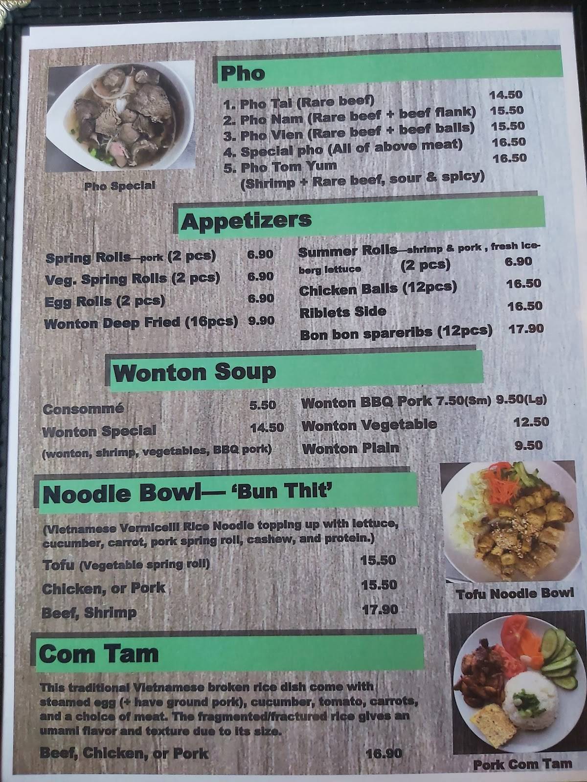 Menu at Pho Umami restaurant, Thunder Bay