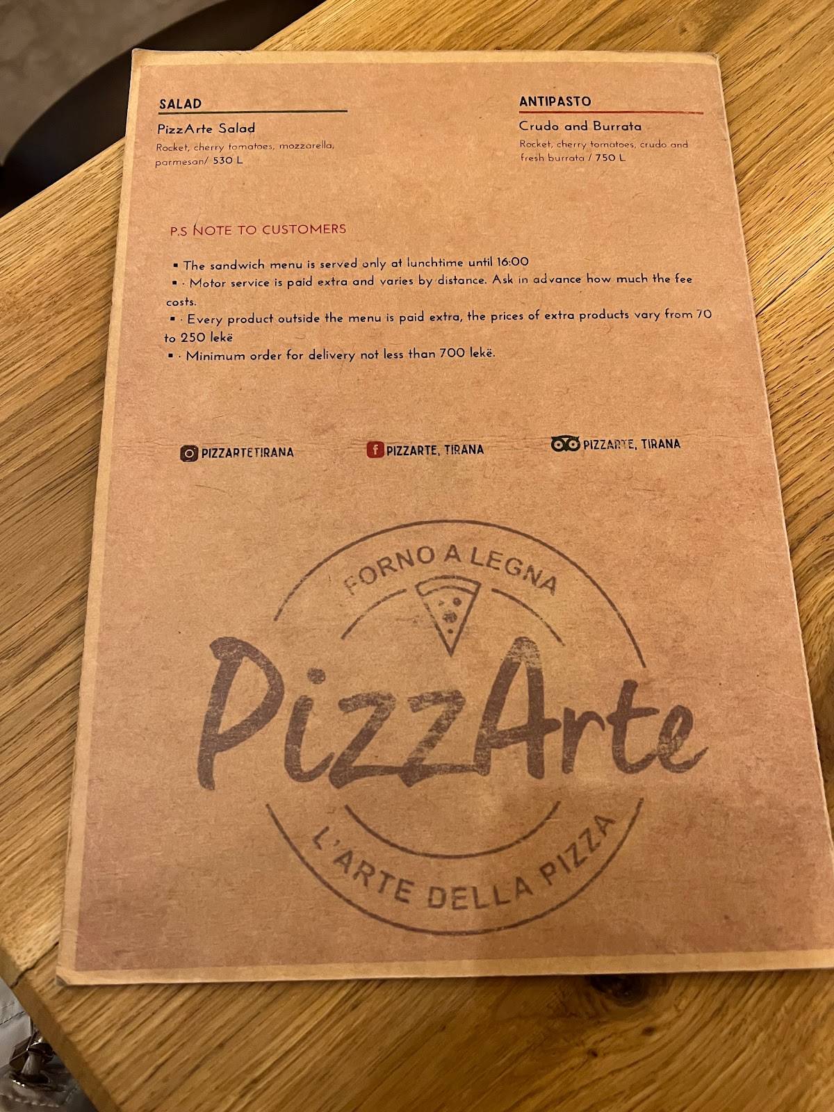 Menu at Pizzarte restaurant, Tirana