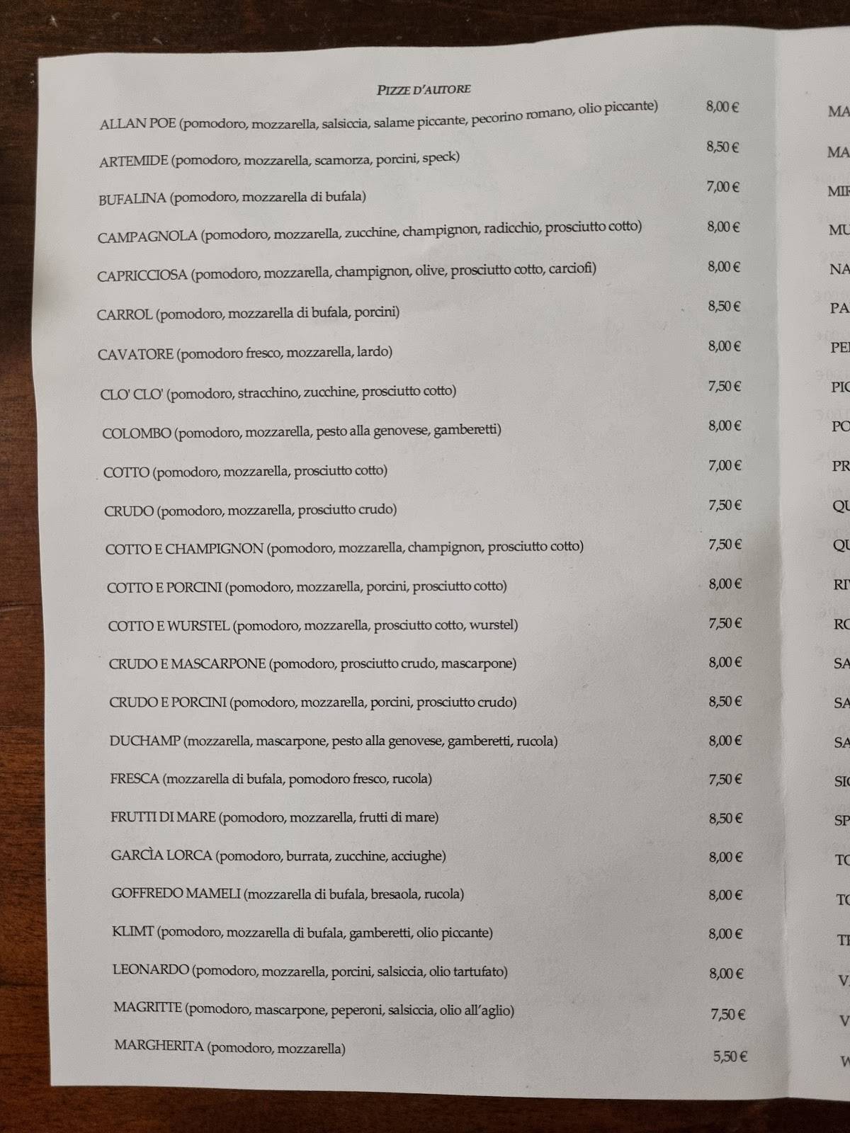 Speisekarte von Pizzeria Dalì, Massa