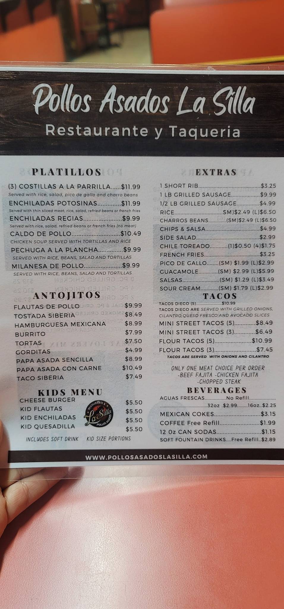 Menu at Pollos Asados La Silla restaurant, Houston, Canal St