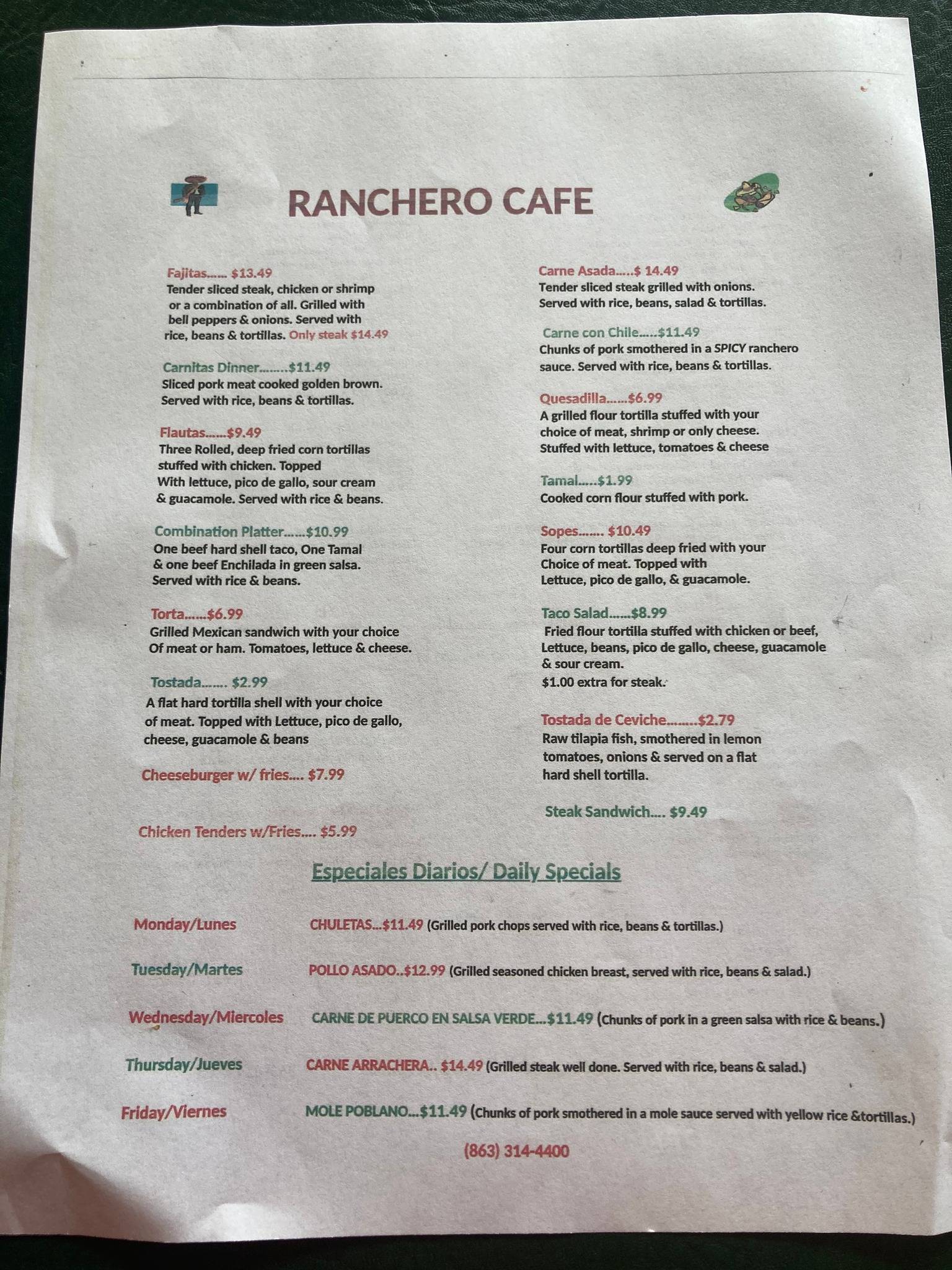 Menu at Ranchero Cafe Restaurant, Sebring