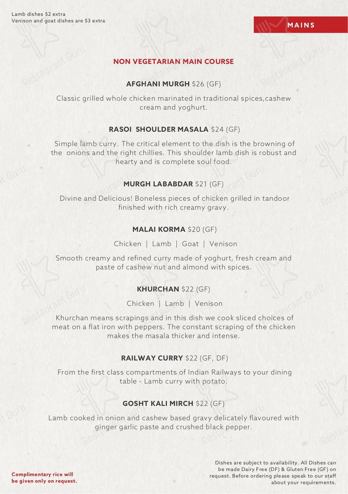 Menu at Rasoi restaurant, Napier
