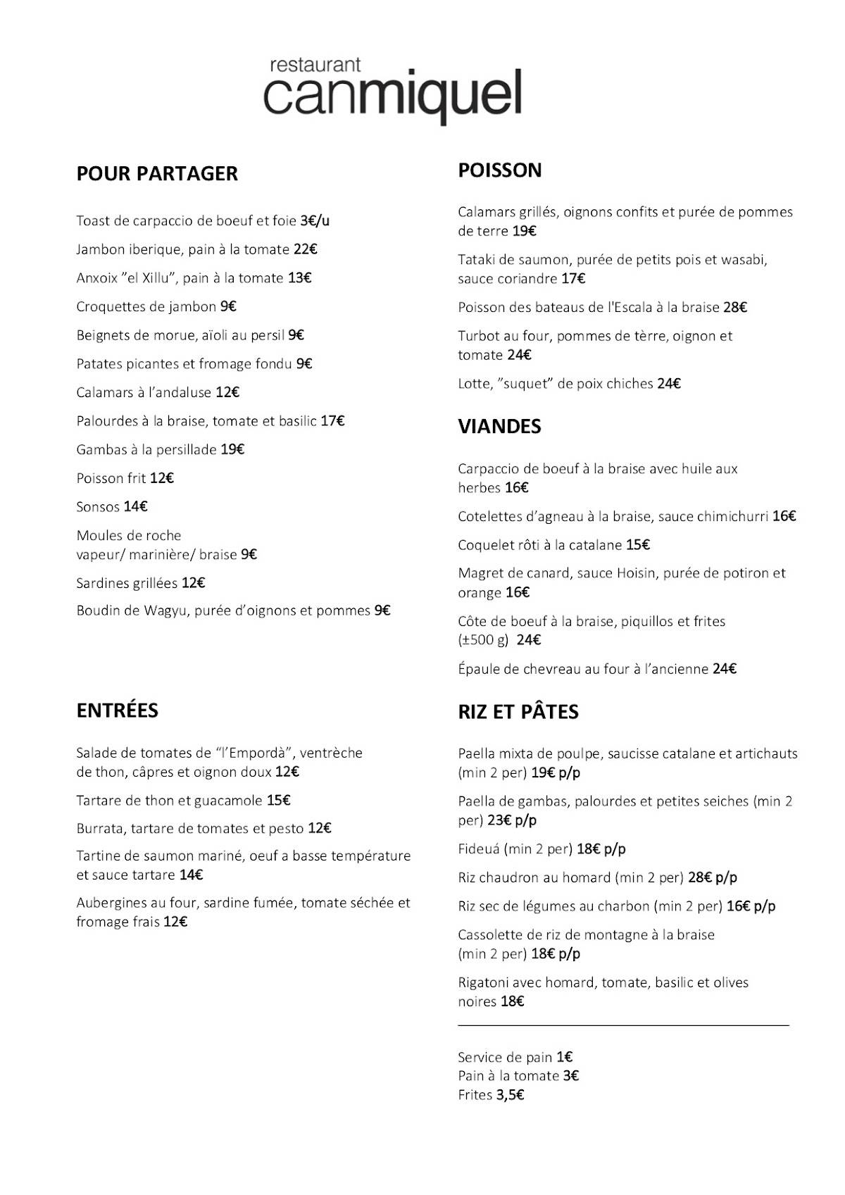 Carta de Restaurant Can Miquel en L' Escala Cala Montgó, La Escala