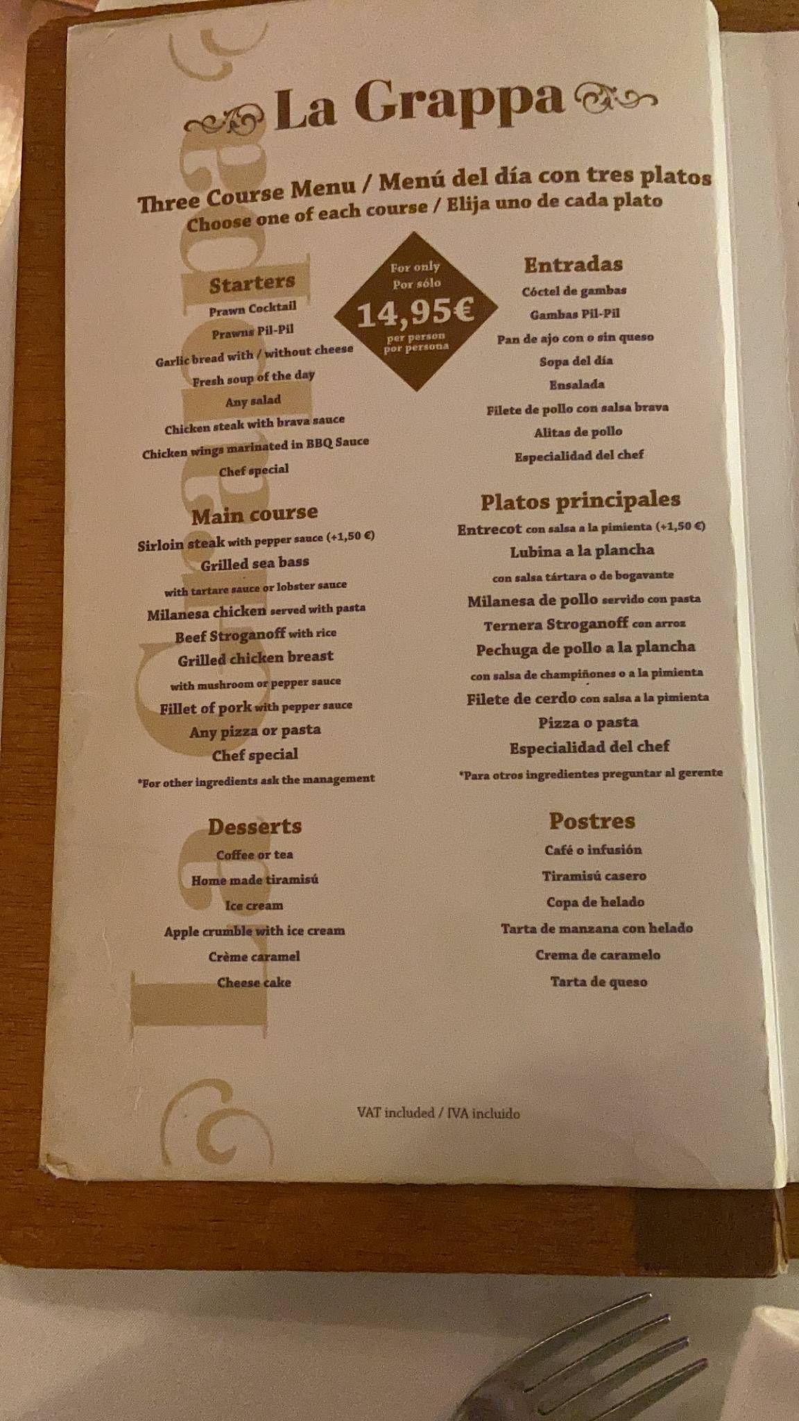 Menu at Restaurant La Grappa Estepona, Cancelada