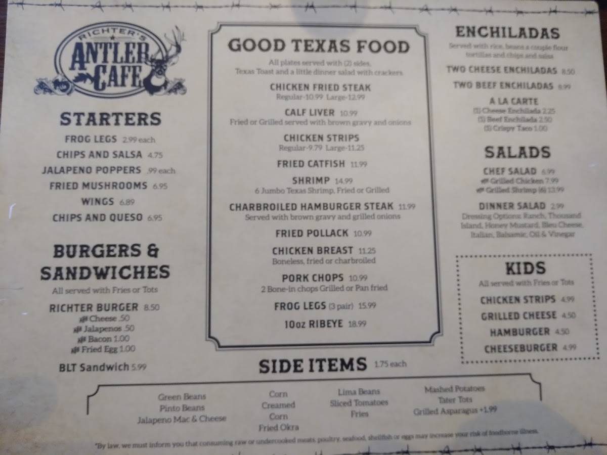 Menu at Richter's Antler Cafe, Spring Branch