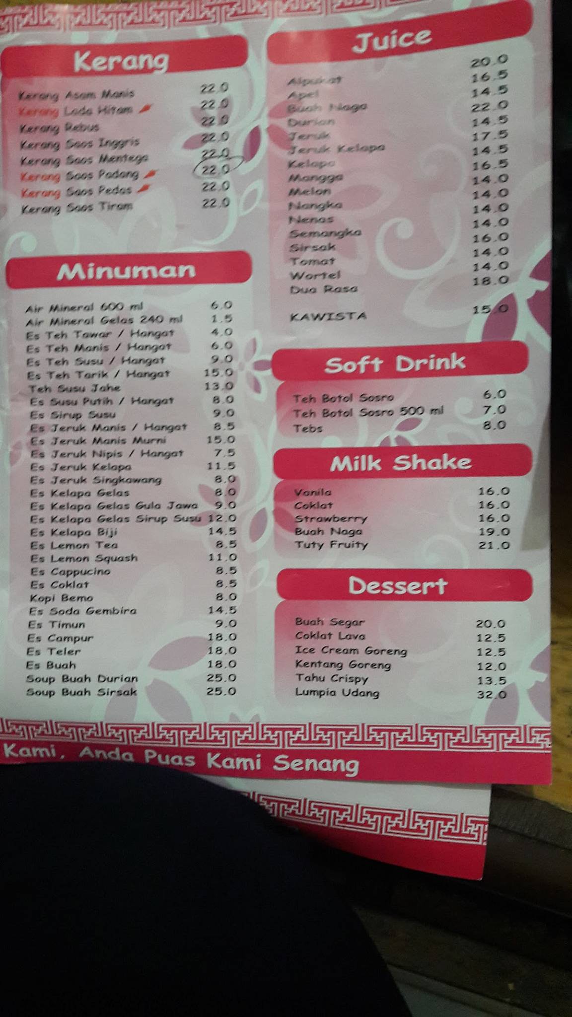 Menu at Rumah Makan Bemo restaurant, Samarinda