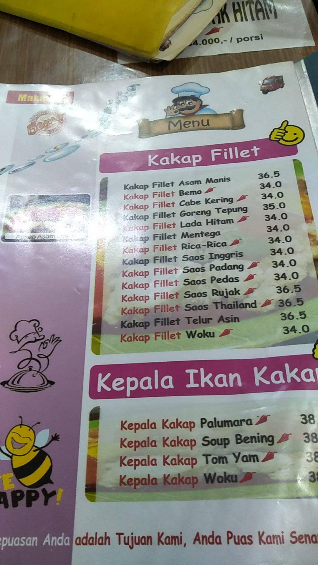 Menu at Rumah Makan Bemo restaurant, Samarinda