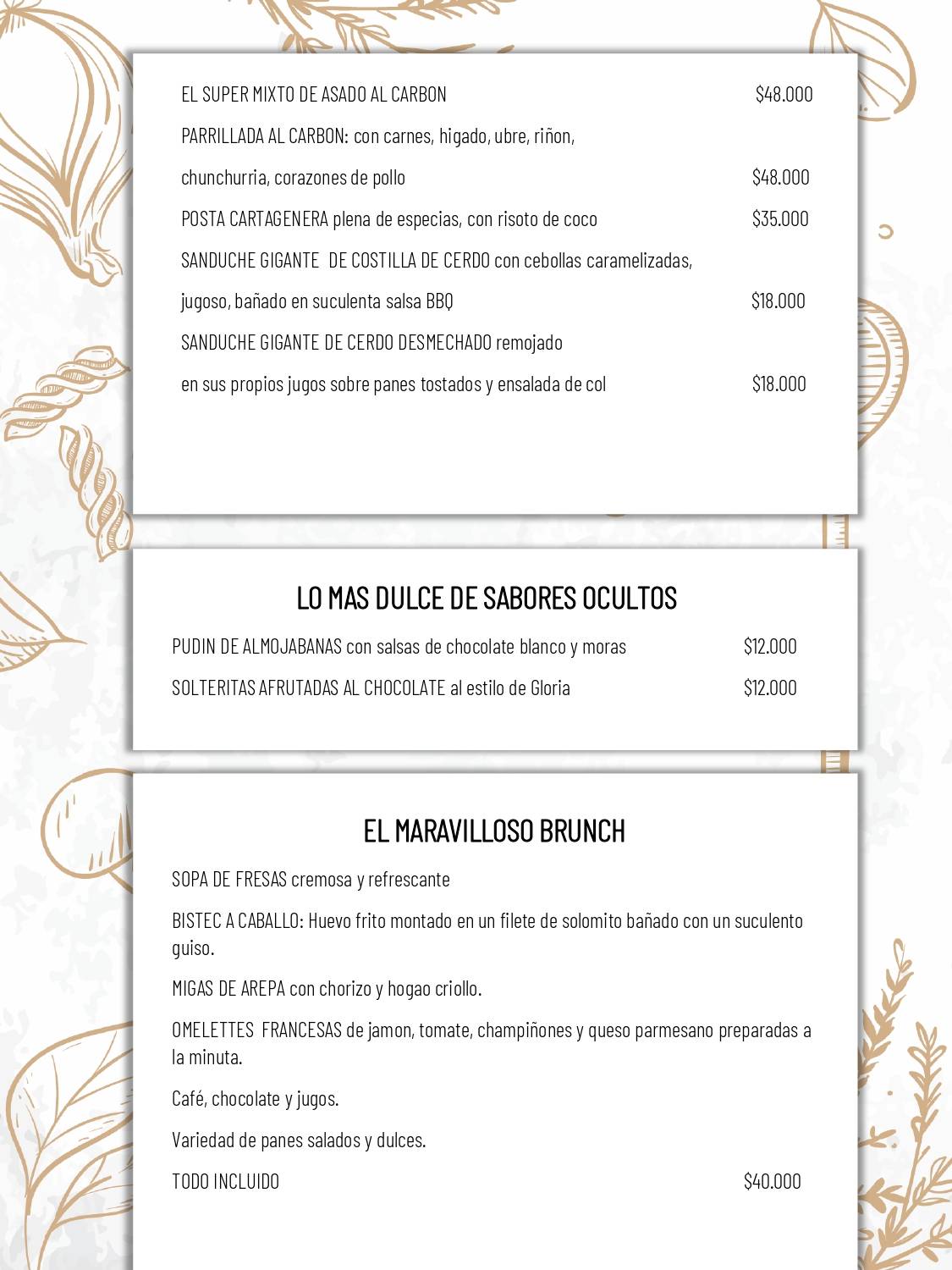 Menu at Sabores Ocultos restaurant, La Estrella