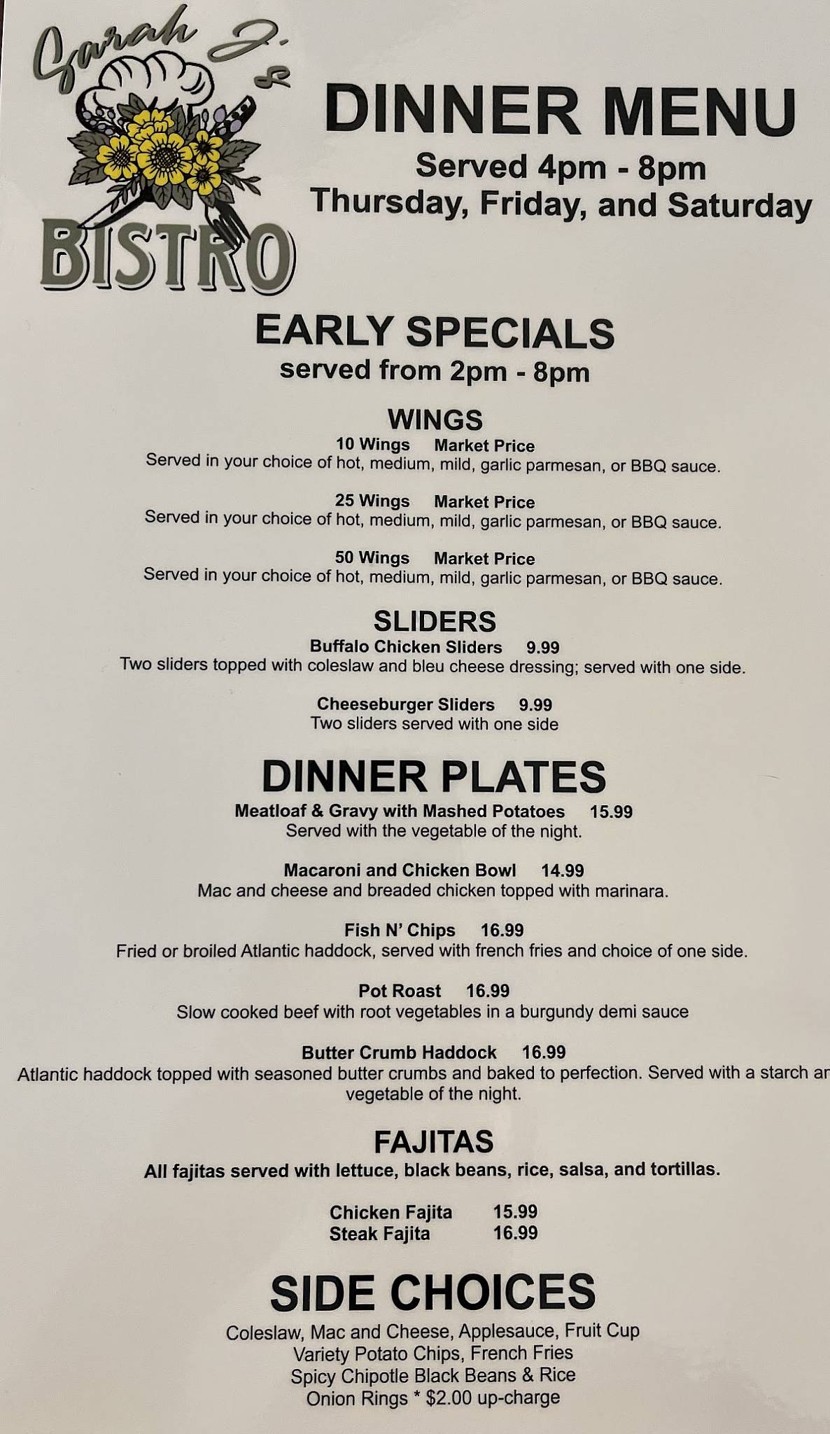 Menu at Sarah J’s Bistro restaurant, Citrus Springs