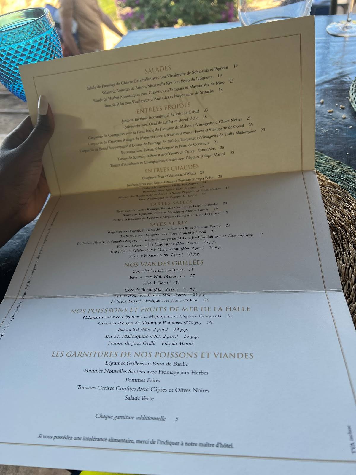 Menu at Sea Club, Cap Rocat, Cala Blava