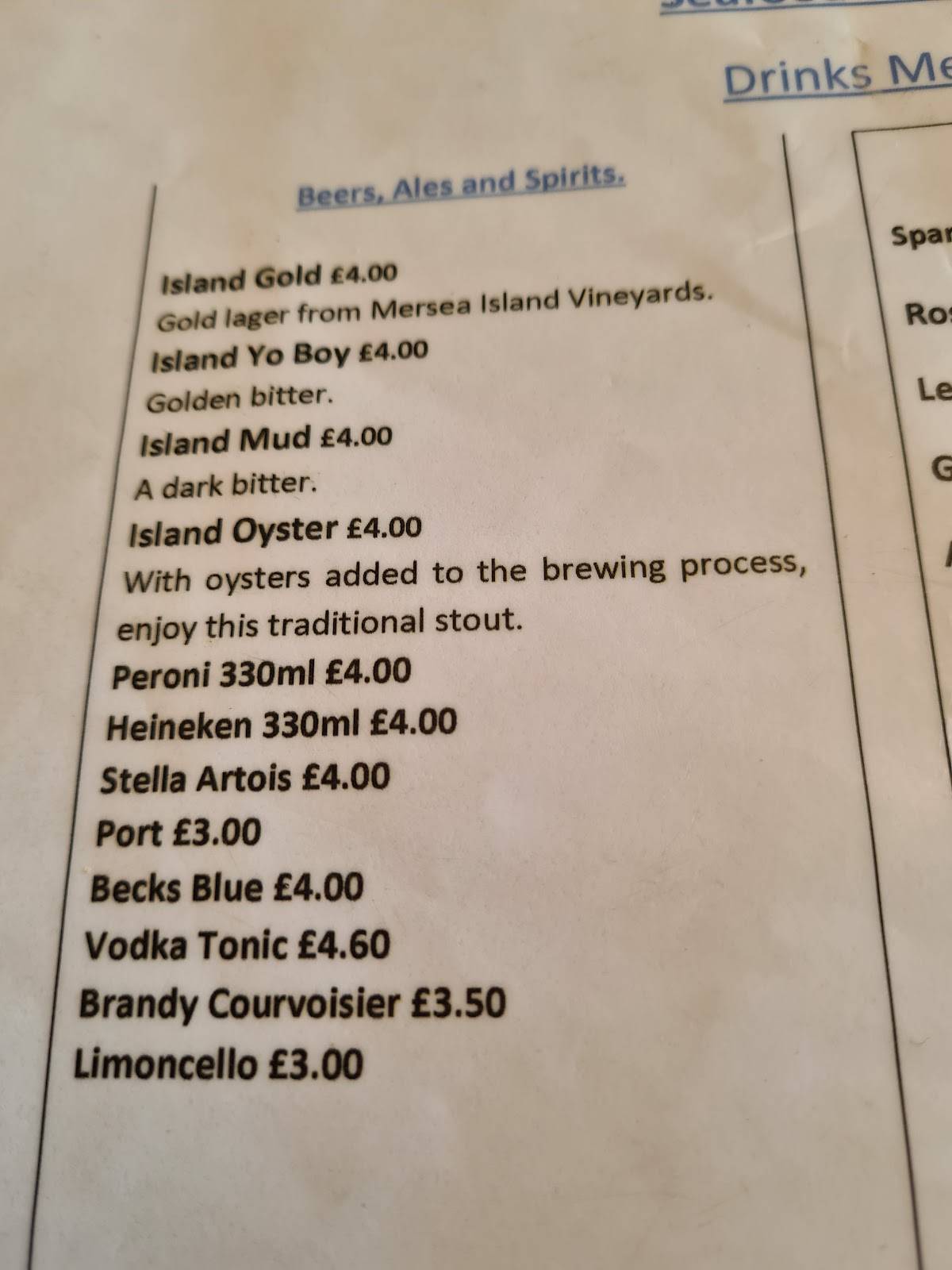 Menu at Seafood at dawn restaurant, East Mersea
