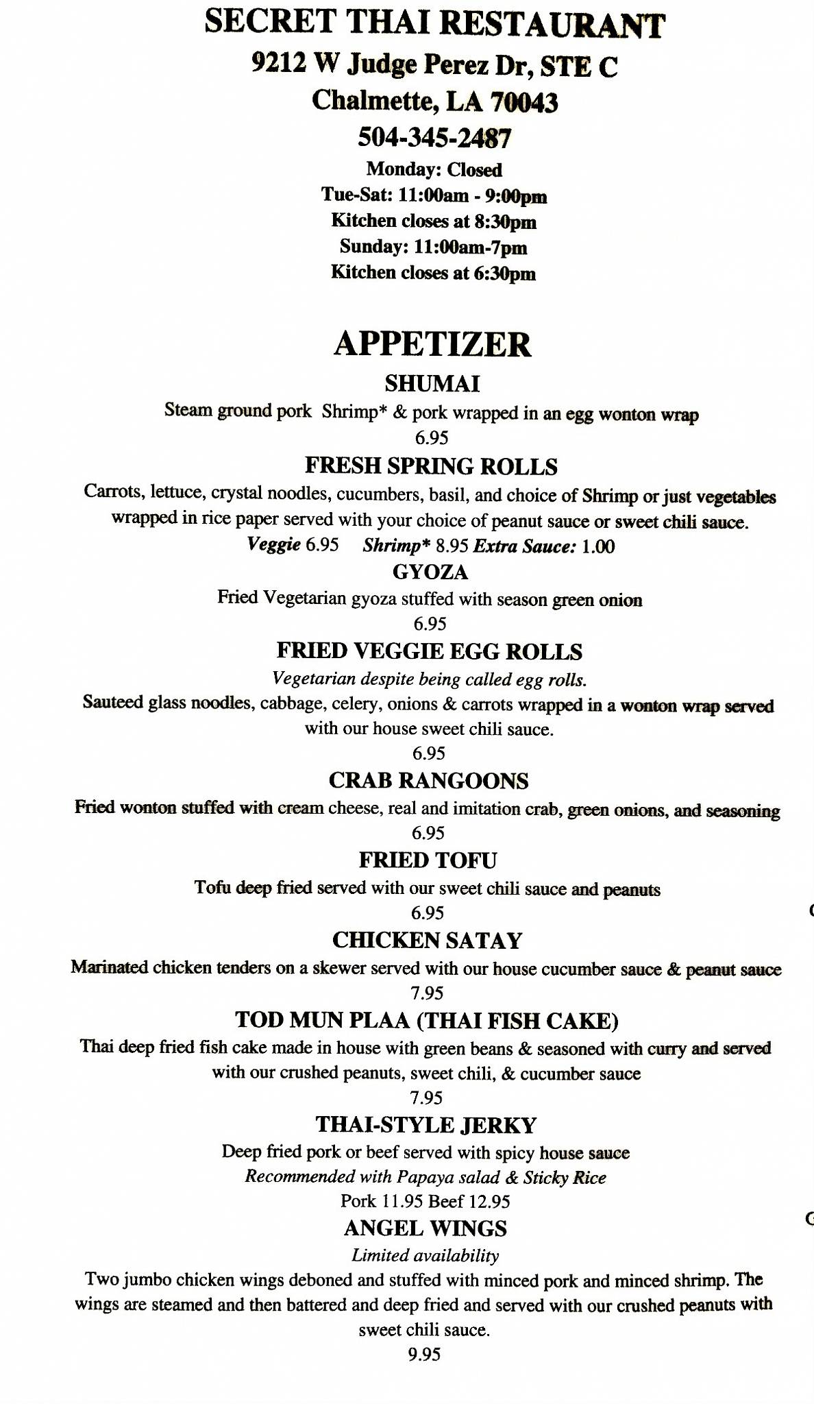 Menu at Secret Thai Restaurant, Chalmette