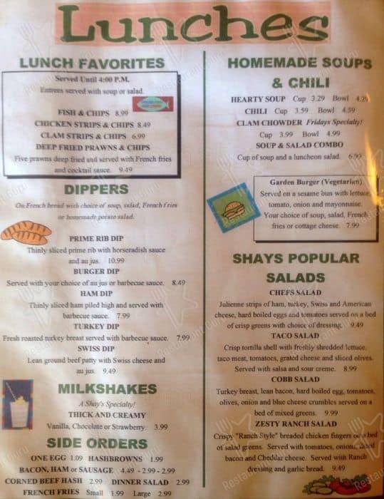 Menu at Shay's Restaurant, Shoreline