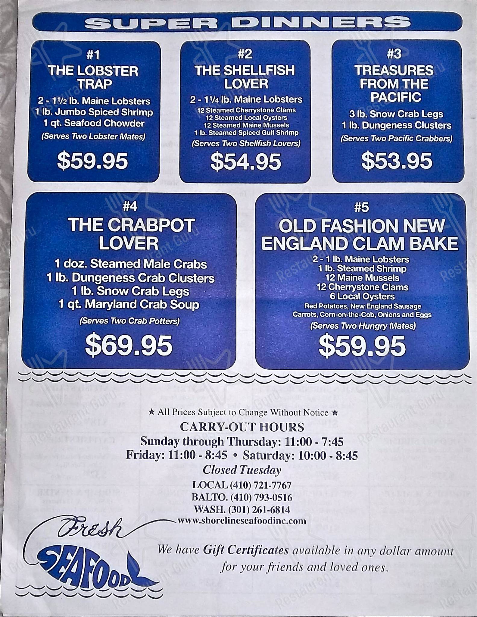 Menu at Shoreline Seafood Inc. restaurant, Crofton