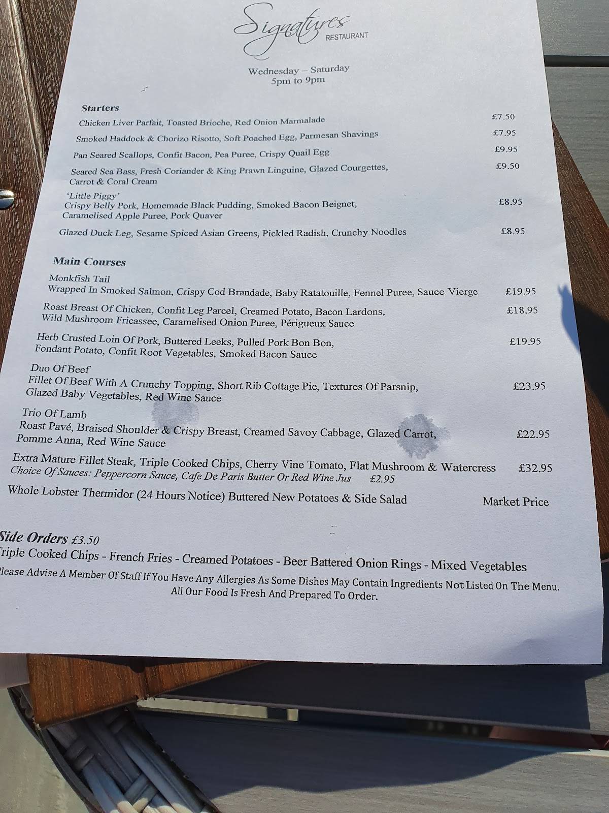 Menu at Signatures Restaurant, Conwy
