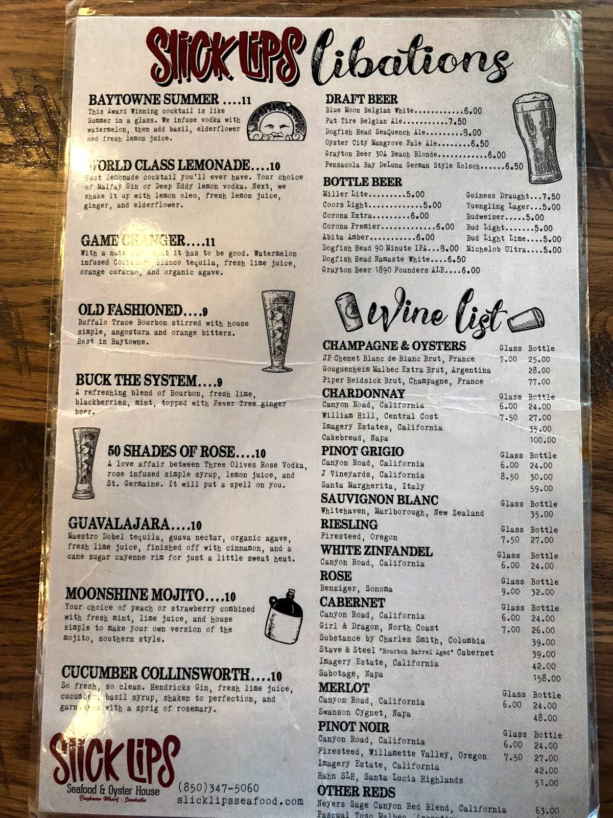 Menu at Slick Lips Seafood & Oyster House restaurant, Miramar Beach