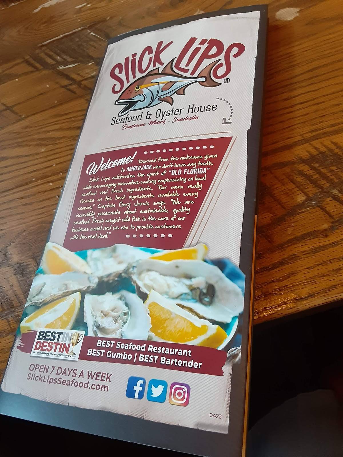 Menu at Slick Lips Seafood & Oyster House restaurant, Miramar Beach