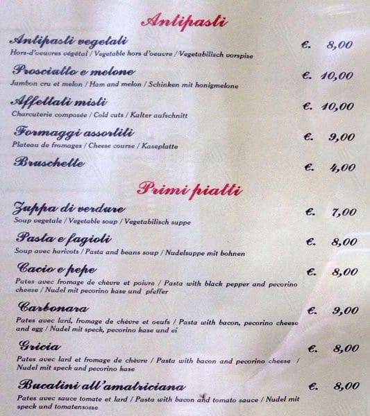 Menu at Sora Lucia restaurant, Rome