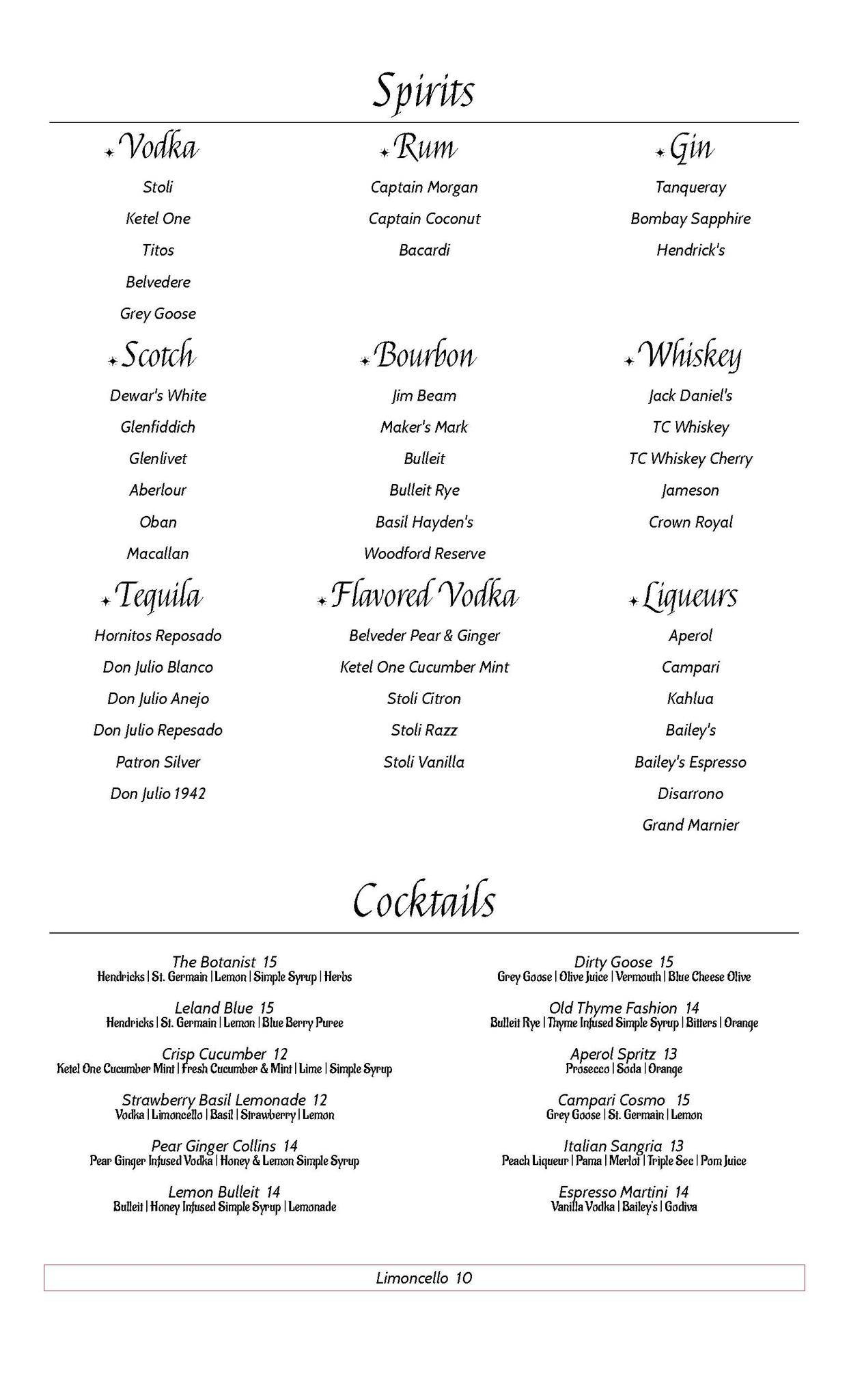 Menu at Sorellina restaurant, Traverse City, 250 E Front St Suite 110