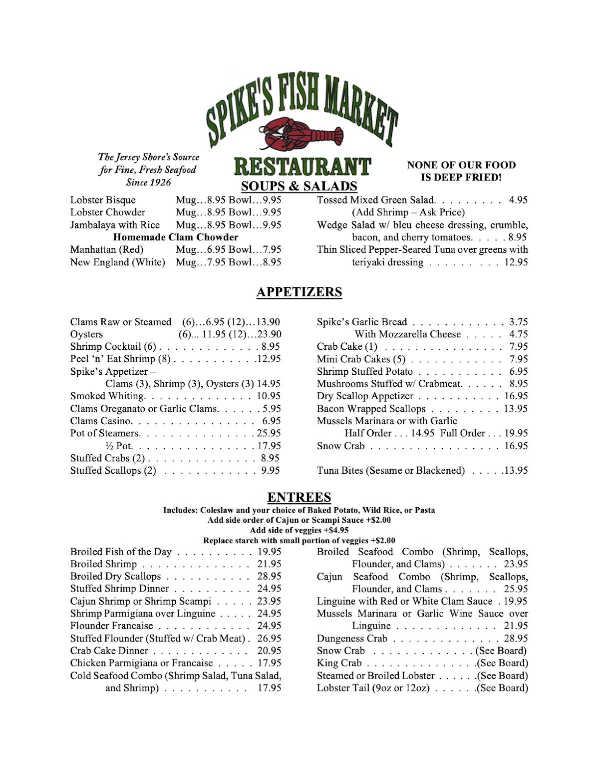 Menu at Spike's Fish Market & Restaurant, Point Pleasant Beach