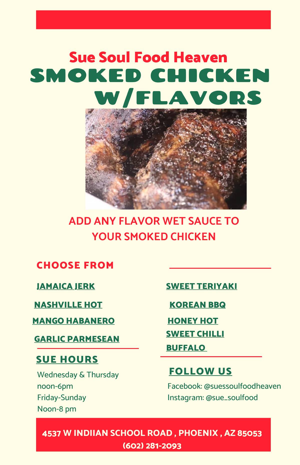 Menu at Sue Soul Food Heaven restaurant, Phoenix