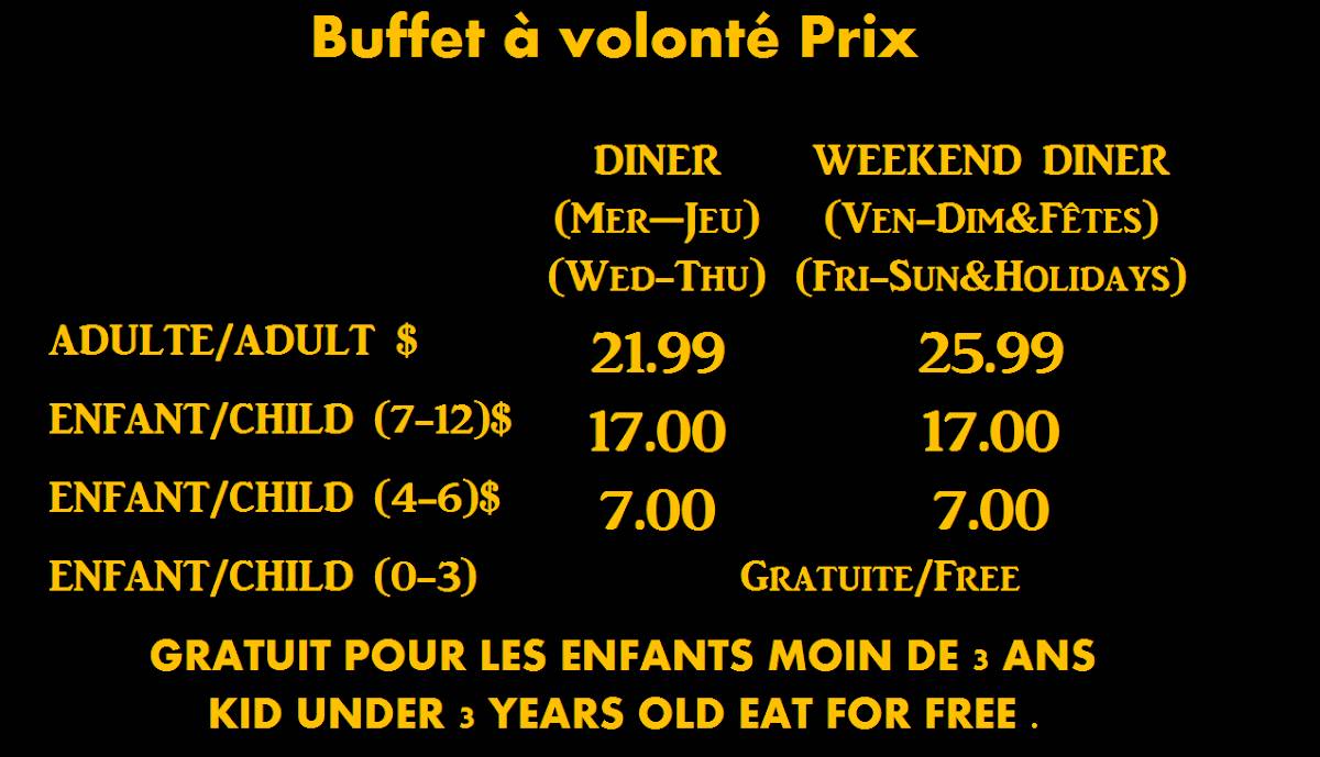 Menu au Sun Luck Chinese Food restaurant, Boucherville