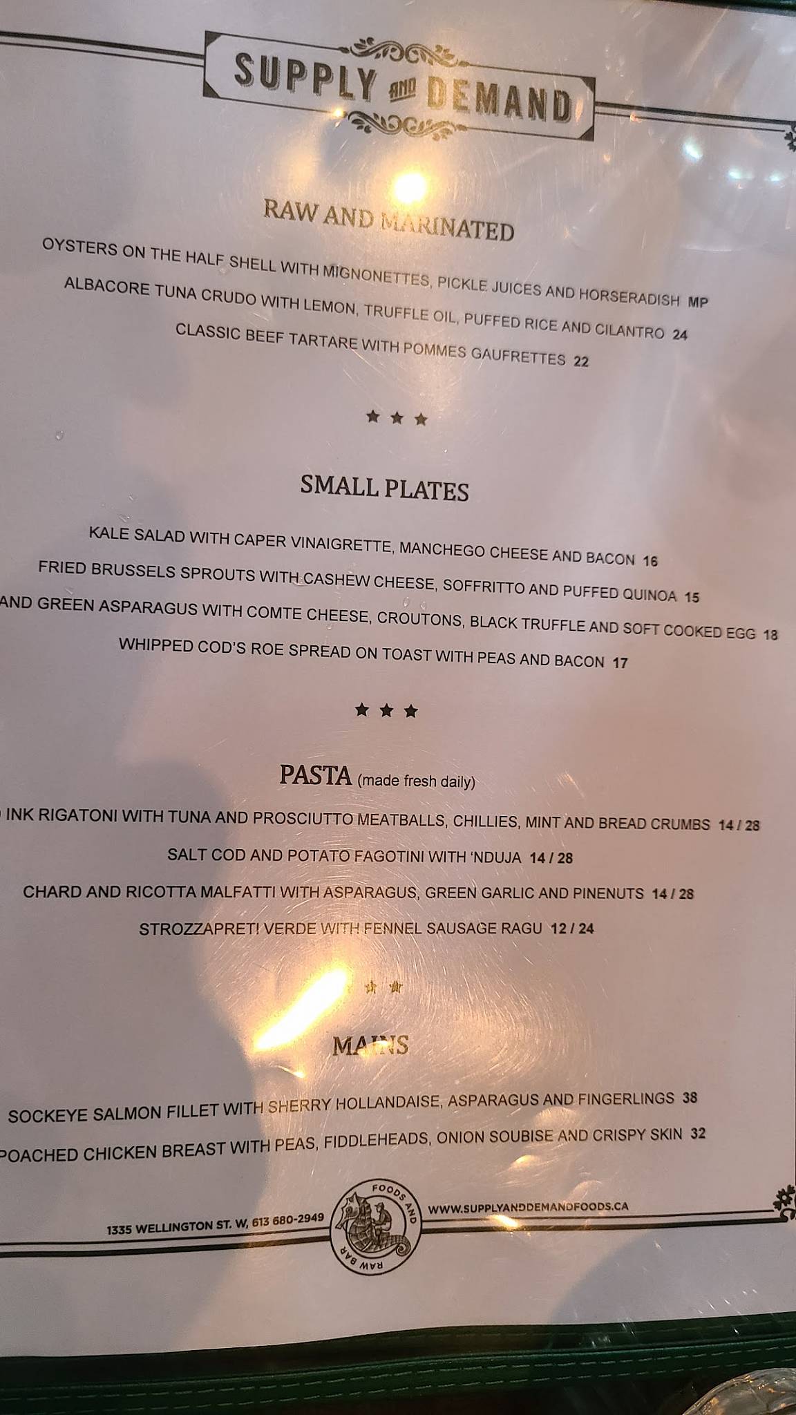 Menu at Supply and Demand restaurant, Ottawa