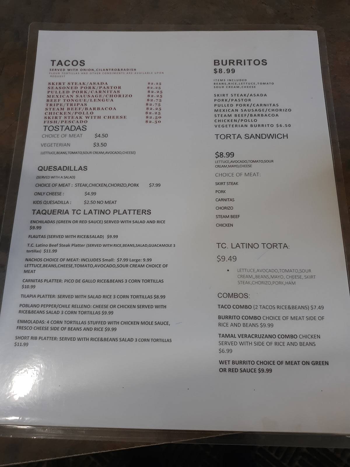 Menu at Taqueria TC Latino restaurant, Traverse City, N West Silver Lake Rd