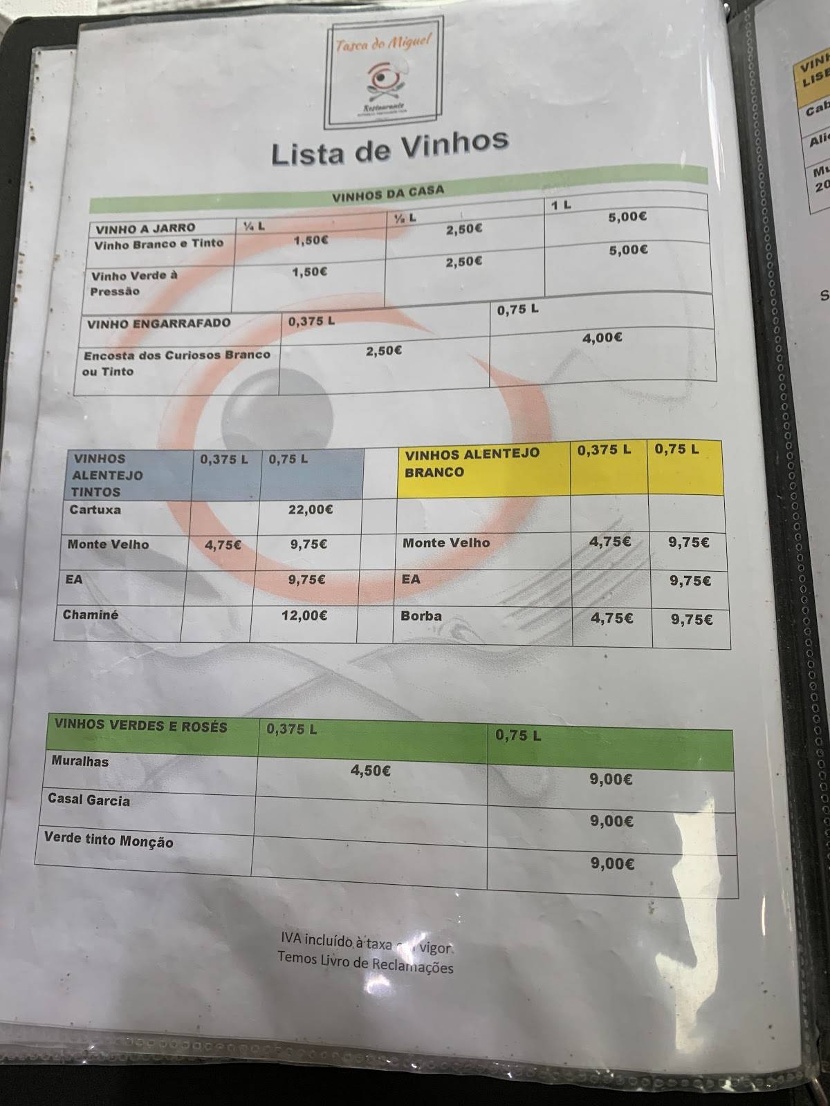 Menu em Tasca do Miguel restaurante, Lisboa