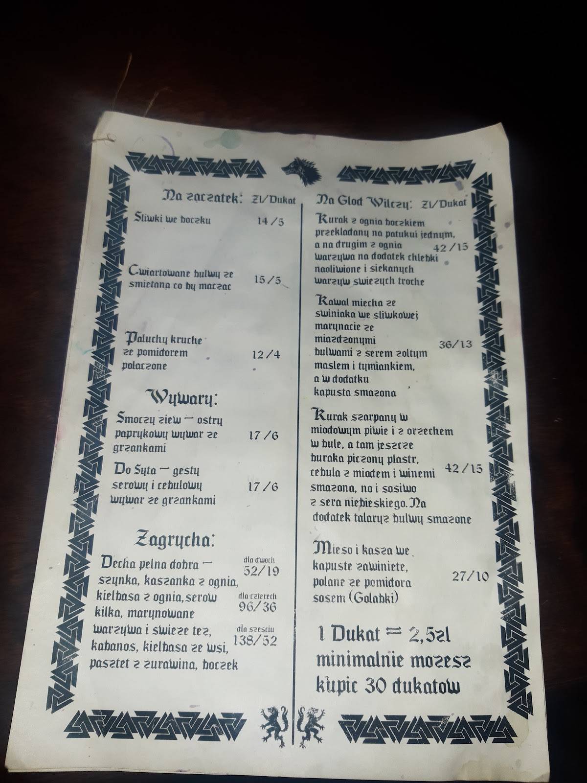 Menu at Tawerna Wilczy Dół restaurant, Kraków