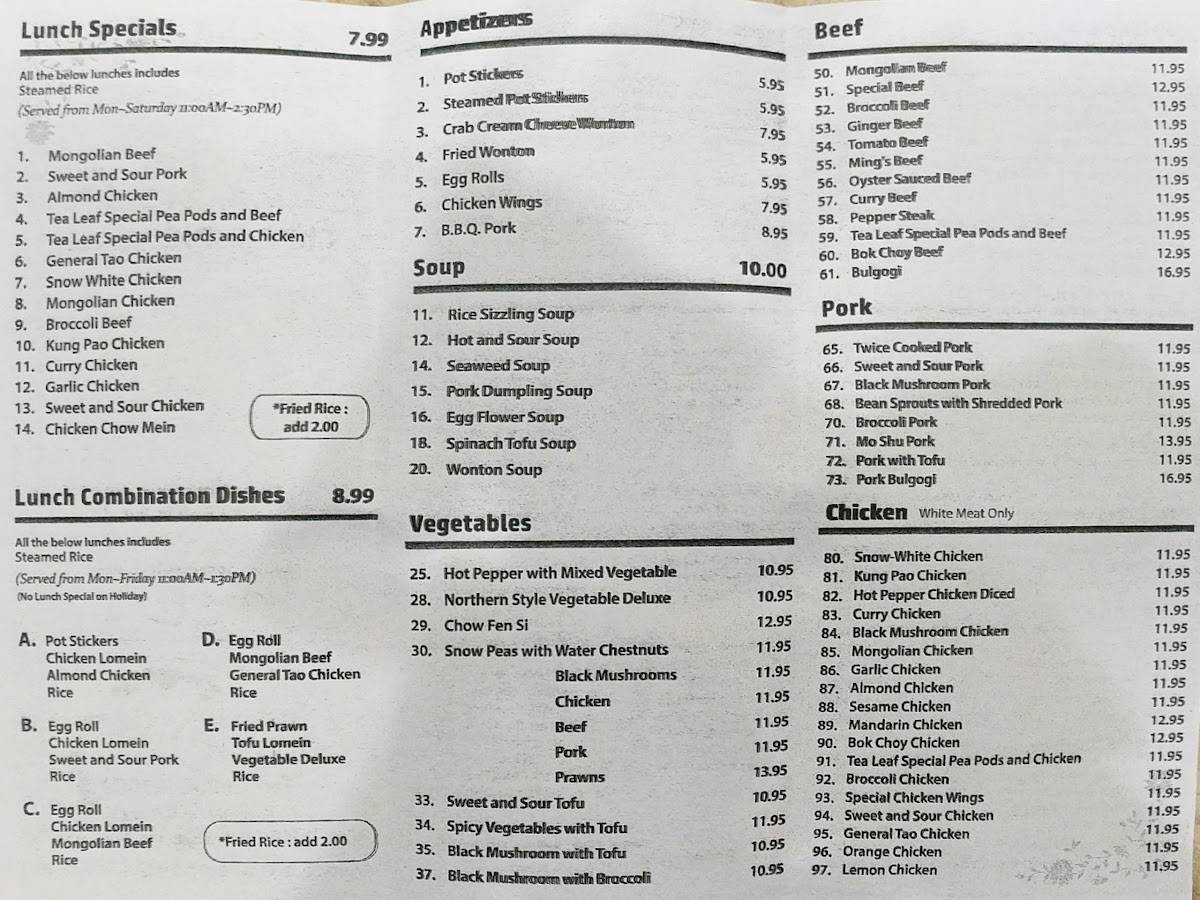 Menu at Tea Leaf 2 restaurant, Lacey