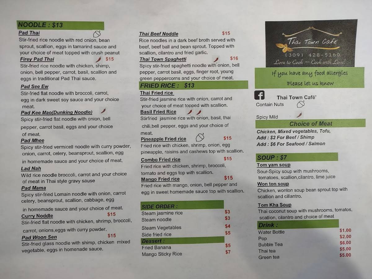 Menu at Thai Town Cafe, Rapids City, 403 17th St