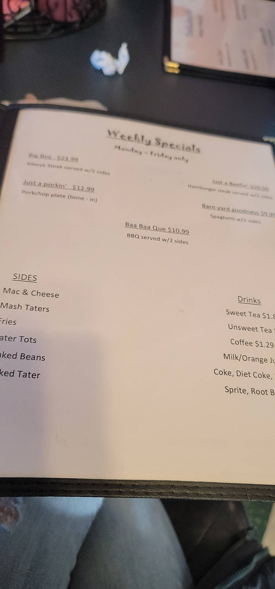 Menu at The Barn, Mount Pleasant