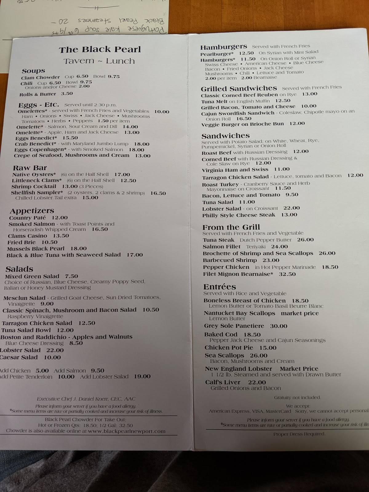 Menu at The Black Pearl restaurant, Newport, 30 Bannister's Wharf