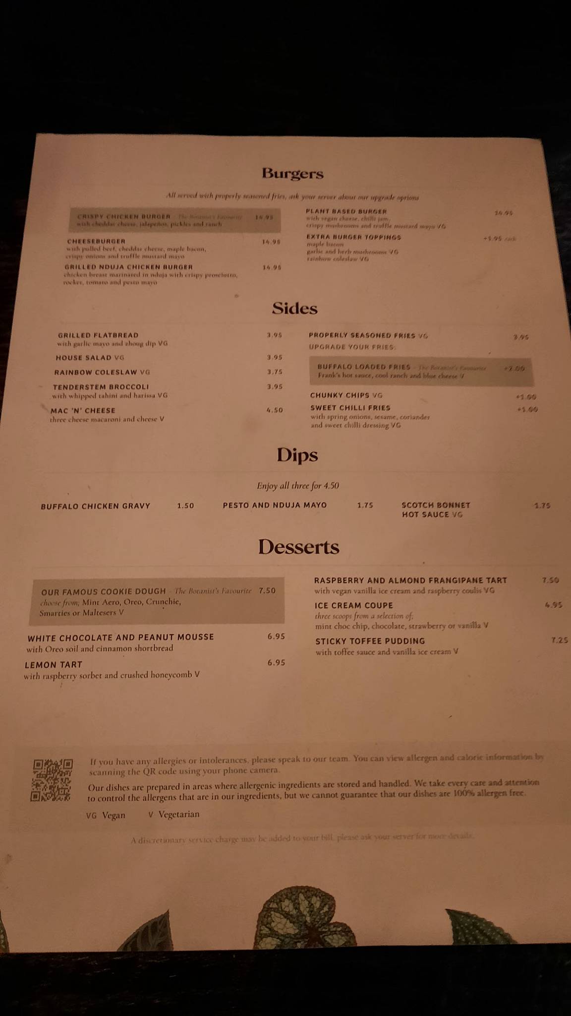 Menu at The Botanist Barnsley, Barnsley