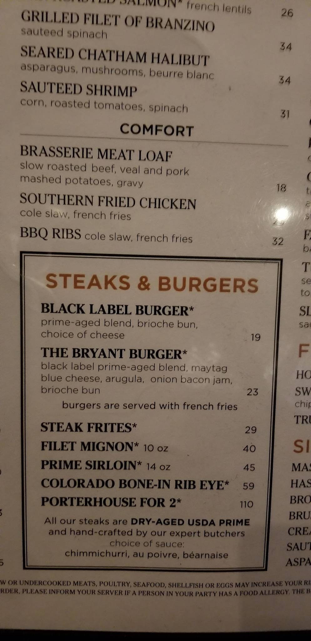Menu at The Bryant restaurant, Huntington Station
